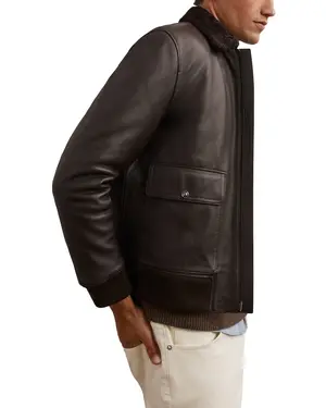 REISS Shearling Collar Leather Jacket - Brown