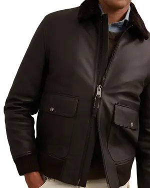 REISS Shearling Collar Leather Jacket - Brown