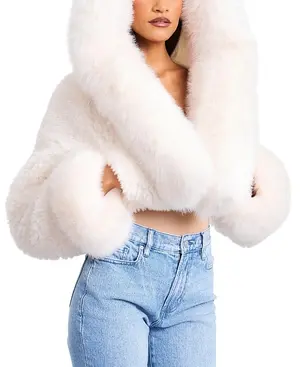 MISS CIRCLE Kali Cropped Faux Fur Jacket With Hood - White
