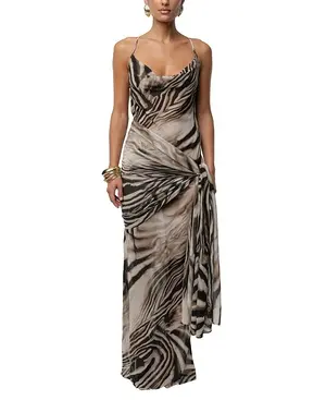 JLUXLABEL Zebra Print Halterneck Maxi Dress - Brown