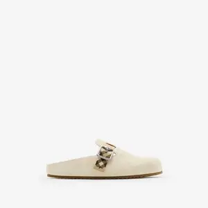 Burberry Suede Clogs With Check Buckle Strap - Bake Beige