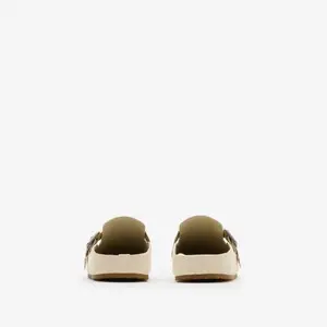 Burberry Suede Clogs With Check Buckle Strap - Bake Beige