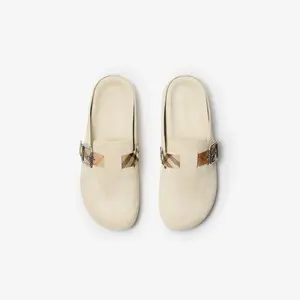 Burberry Suede Clogs With Check Buckle Strap - Bake Beige
