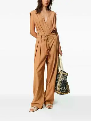 TWINSET Sleeveless V-neck Pinstriped Jumpsuit With Belted Waist
