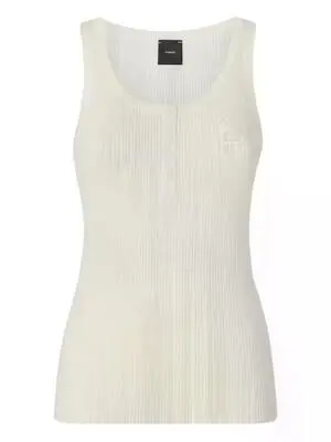 Pinko Ribbed Cotton-cashmere Blend Tank Top With Embroidered Monogram - Neutrals