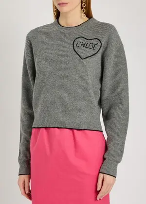 Chloé Logo Embroidered Wool And Cashmere-blend Jumper - Grey