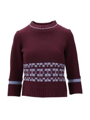 B.B. WALACE Crew Neck Wool-Blend Sweater - Burgundy / Lt. Blue