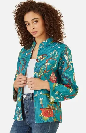 YUMI Floral Reversible Cotton Quilted Jacket Teal