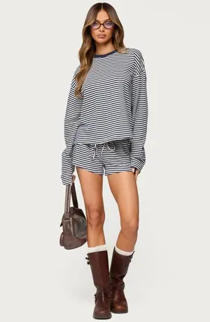 EDIKTED Jainee Stripe Long Sleeve Stretch Cotton T-shirt