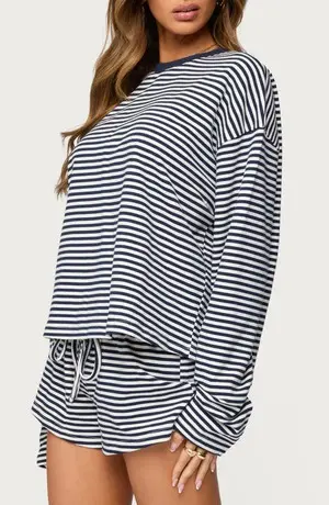 EDIKTED Jainee Stripe Long Sleeve Stretch Cotton T-shirt - Navy