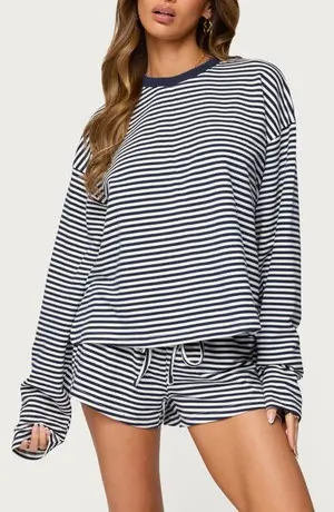EDIKTED Jainee Stripe Long Sleeve Stretch Cotton T-shirt - Navy