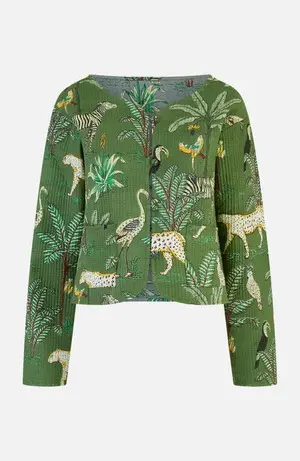 YUMI Animal Print Reversible Quilted Cropped Jacket - Green