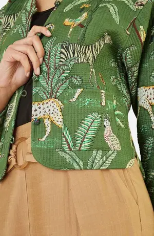 YUMI Animal Print Reversible Quilted Cropped Jacket - Green