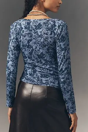 PILCRO Long-sleeve Cinched V-neck Top - Blue Floral