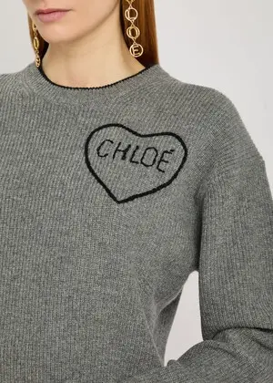 Chloé Logo Embroidered Wool And Cashmere-blend Jumper - Grey