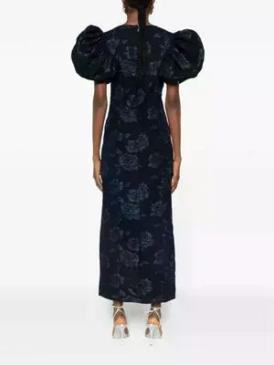 ROTATE BY BIRGER CHRISTENSEN Jacquard Puff-sleeved Midi Dress - Blue