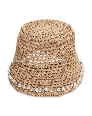 Lele Sadoughi Open Weave Embellished Bucket Hat - Natural