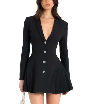 MISS CIRCLE NEW YORK Ria Blazer Mini Dress With Crystal Button And Pleated Detail - Black