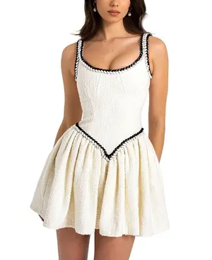 MISS CIRCLE NEW YORK Coco Boucle Tweed V Waist Mini Dress - White