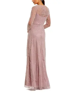 Mac Duggal Beaded Mesh High Neck Long Sleeve A-line Gown - Mocha