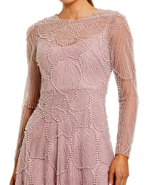 Mac Duggal Beaded Mesh High Neck Long Sleeve A-line Gown - Mocha