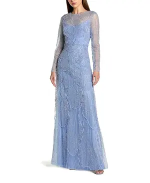 Mac Duggal Beaded Mesh High Neck Long Sleeve A-line Gown - Periwinkle