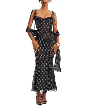 MISS CIRCLE NEW YORK Polka Dot Chiffon Maxi Dress With Scarf - Black