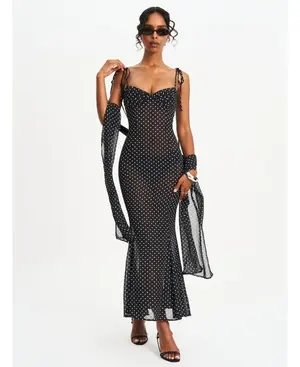 MISS CIRCLE NEW YORK Polka Dot Chiffon Maxi Dress With Scarf - Black