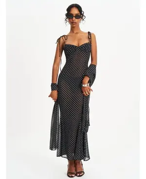 MISS CIRCLE NEW YORK Polka Dot Chiffon Maxi Dress With Scarf - Black