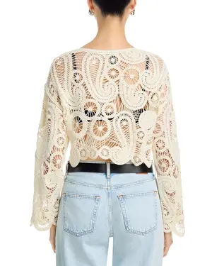 Aqua Paisley Crochet Long Sleeve Top