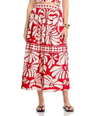 Aqua Floral Border Midi Skirt - Red/white