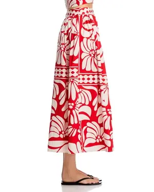 Aqua Floral Border Midi Skirt