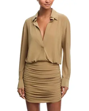 Norma Kamali Boyfriend Neck Shirred Skirt Dress - Camel