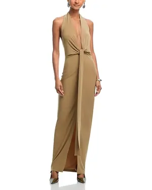 Norma Kamali Tie Front Halter Gown - Camel