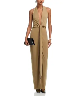 Norma Kamali Tie Front Halter Gown - Camel