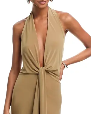 Norma Kamali Tie Front Halter Gown - Camel