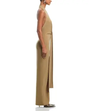 Norma Kamali Tie Front Halter Gown - Camel
