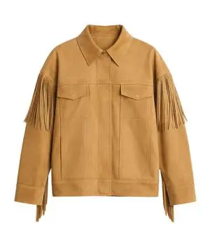 Norma Kamali Fringe Oversized Jean Jacket - Camel