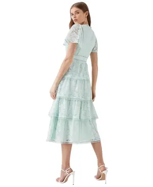 Coast Tiered Lace Flutter Sleeve Dress - Sage