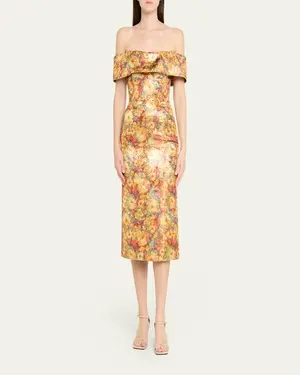 MARKARIAN Gloria Metallic Floral Jacquard Off-the-shoulder Dress