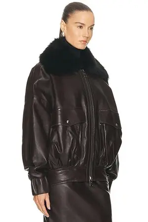 Khaite Daemon Leather Jacket With Fur Collar - Mud