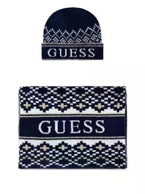 Guess Patterned Beanie And Scarf Set - Blue