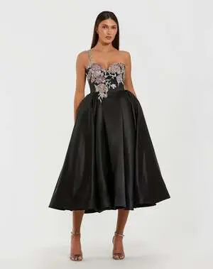Mac Duggal One-shoulder Midi Dress With Floral Appliqués - Black Multi