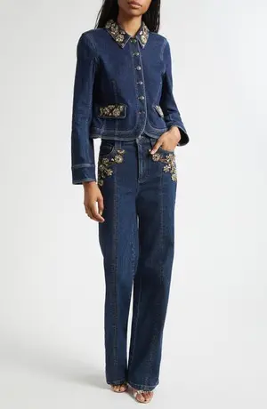 Cinq À Sept Ivy Crystal Crop Denim Jacket