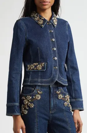 Cinq À Sept Ivy Crystal Crop Denim Jacket