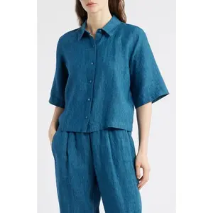 Eileen Fisher Linen Elbow Sleeve Button-up Shirt - River