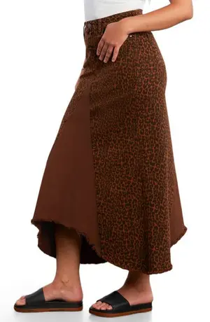 WASH LAB DENIM Leopard Print Pieced Denim Midi Skirt - Brown Leopard