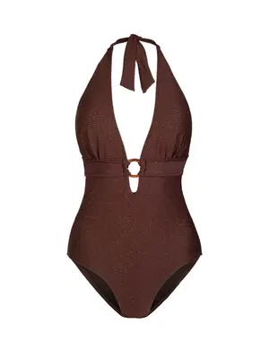 CHANGE OF SCENERY Gabrielle Ring Halter One-piece Swimsuit - Cacao/gold Metallic
