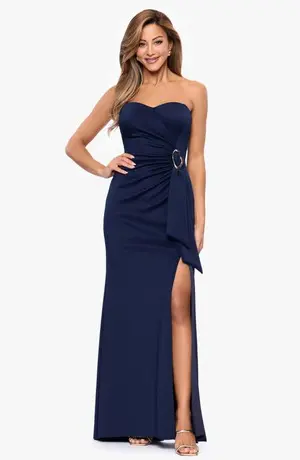XSCAPE EVENINGS Belt Detail Strapless Gown