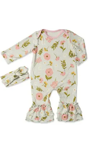 EVERLY GREY Floral Ruffle Romper & Head Wrap Set Carnation